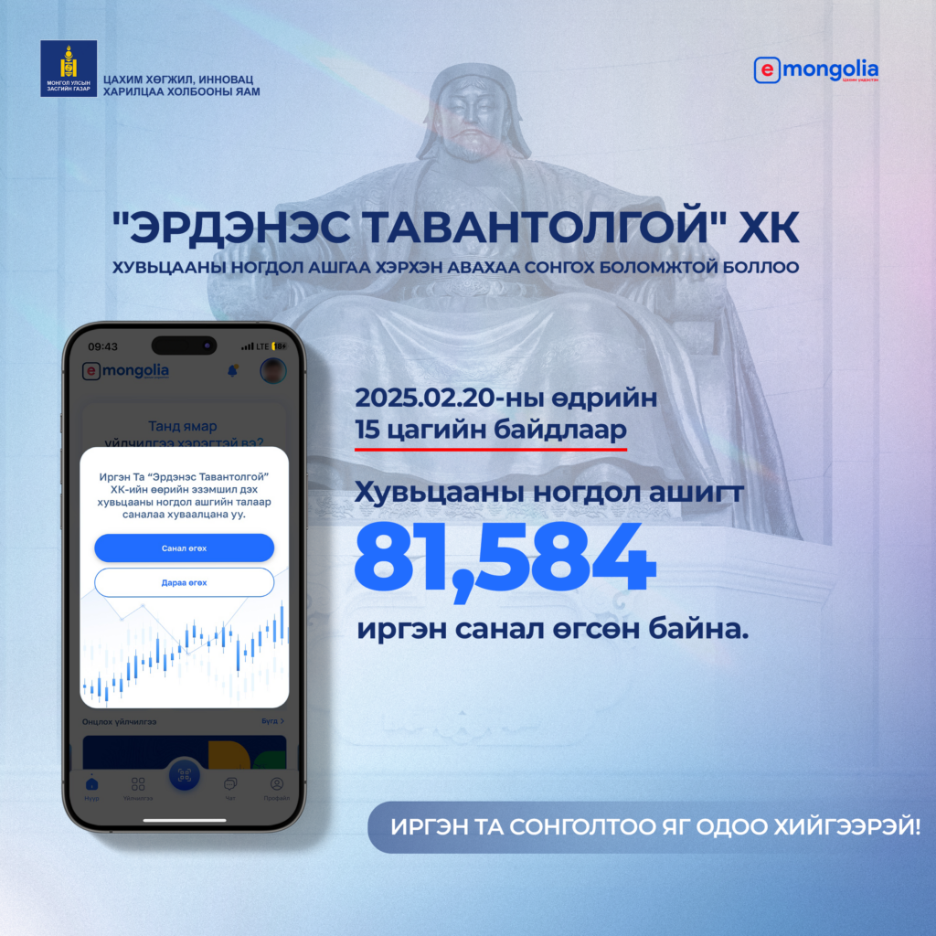 E-Mongolia системээр “Эрдэнэс Тавантолгой” ХК-ийн 1072 ширхэг хувьцааны ноогдол ашигт санал өгөх ...